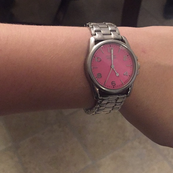 Coach | Jewelry | Pink And Sterling Silver Coach Watch | Poshmark